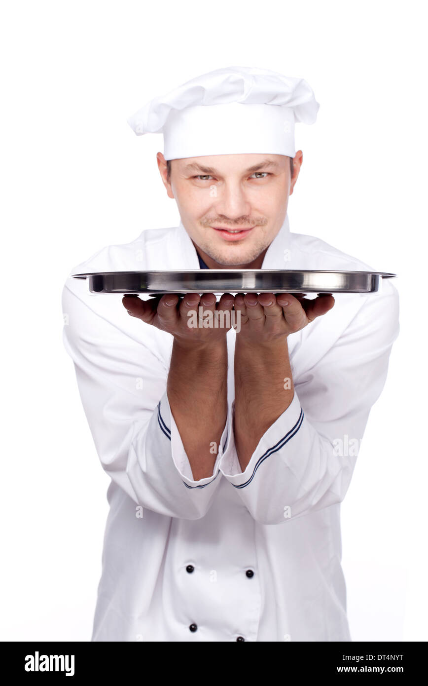 Portrait of professional chef holding empty tray, isolated on white ...