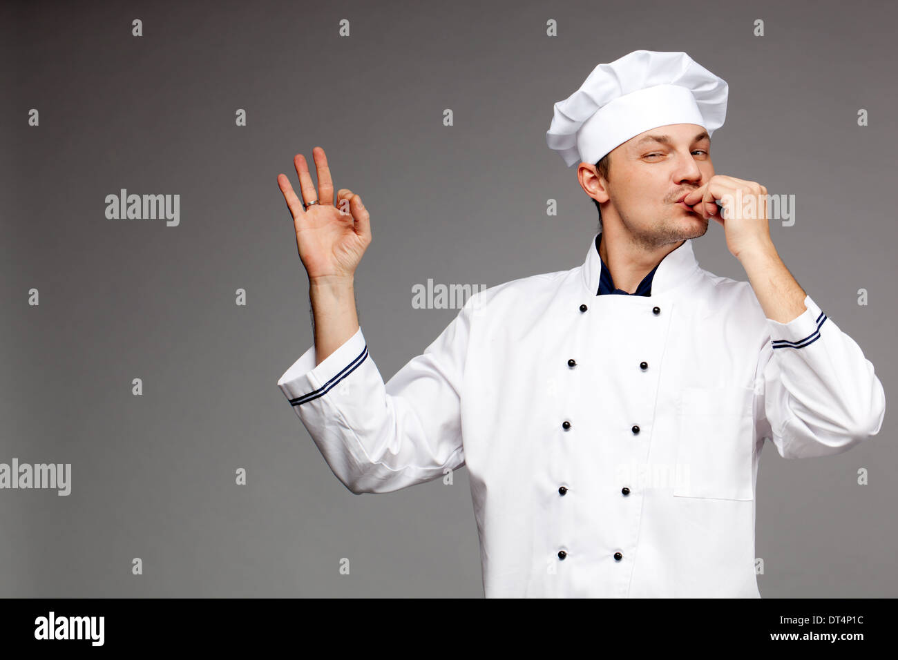happy chief in uniform with hands gesture on grey background Stock ...