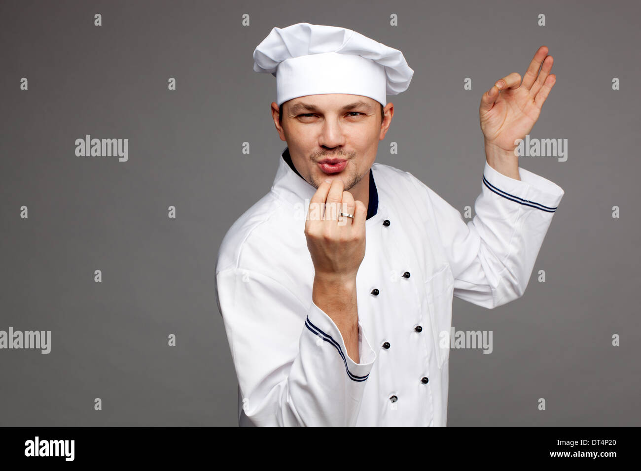 happy chief in uniform with hands gesture on grey background Stock ...