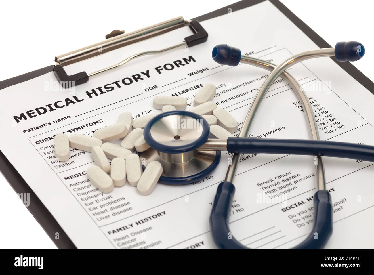 Patient medical history document with pills and stethoscope Stock Photo ...