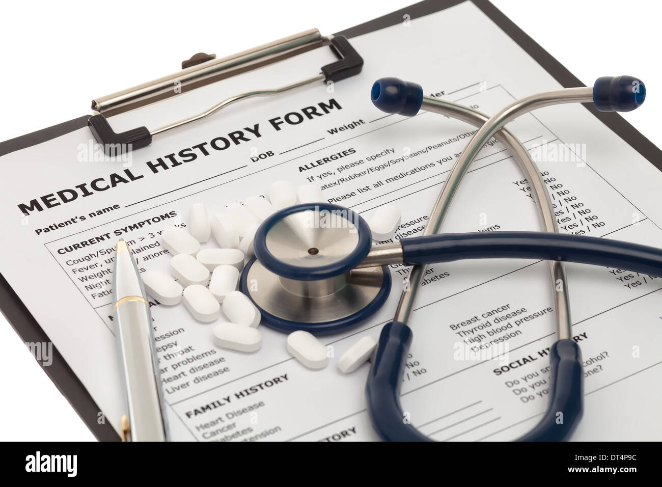 Patient medical history document with pills and stethoscope Stock Photo ...
