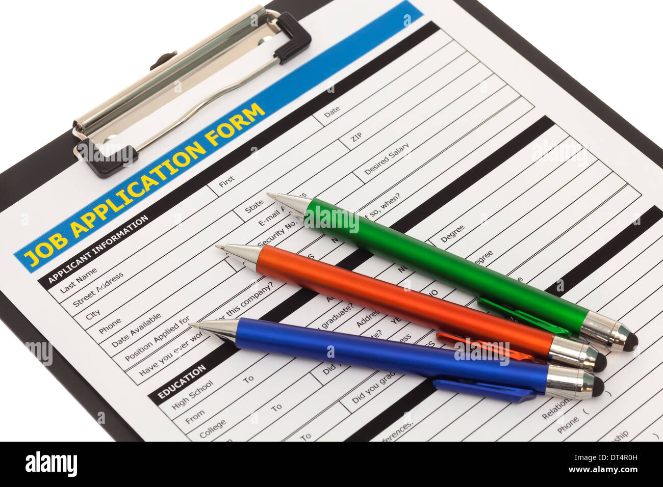 Job application form with pens isolated on white background Stock Photo ...