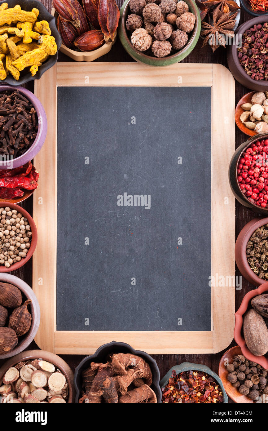 Large set of spices and seasonings with chalk board, top view Stock ...