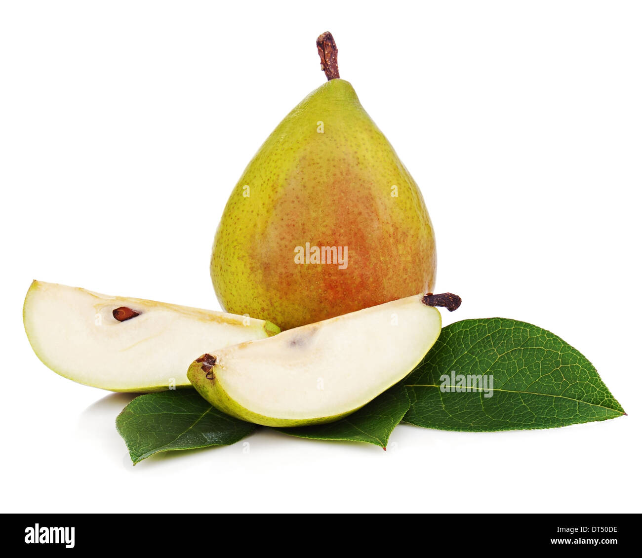 Pear with cut and green leaves isolated on white background. Closeup ...