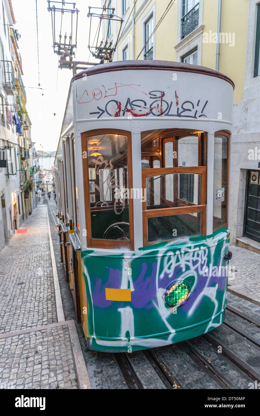 Tram with graffiti written in Lisbon, Portugal Stock Photo - Alamy