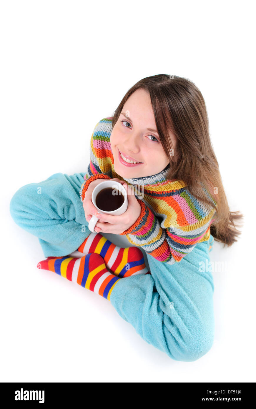 Girl with cup of tea isolated on white Stock Photo - Alamy