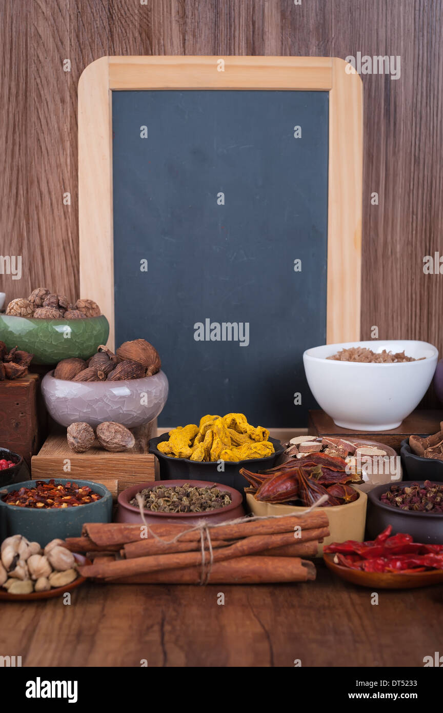 Large set of spices, seasonings and salt with chalk board Stock Photo ...