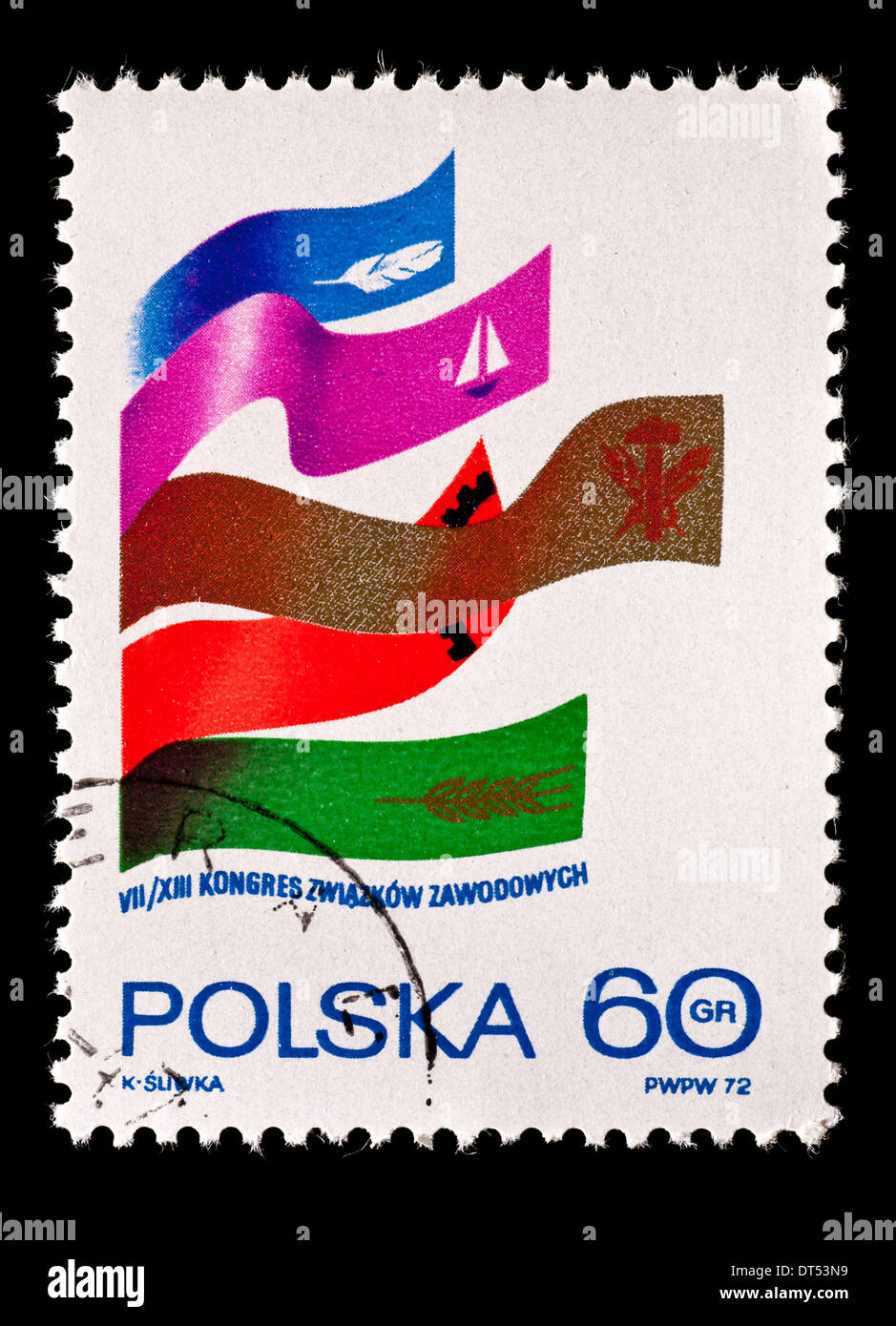 Postage stamp from Poland depicting banners and trade union symbols ...