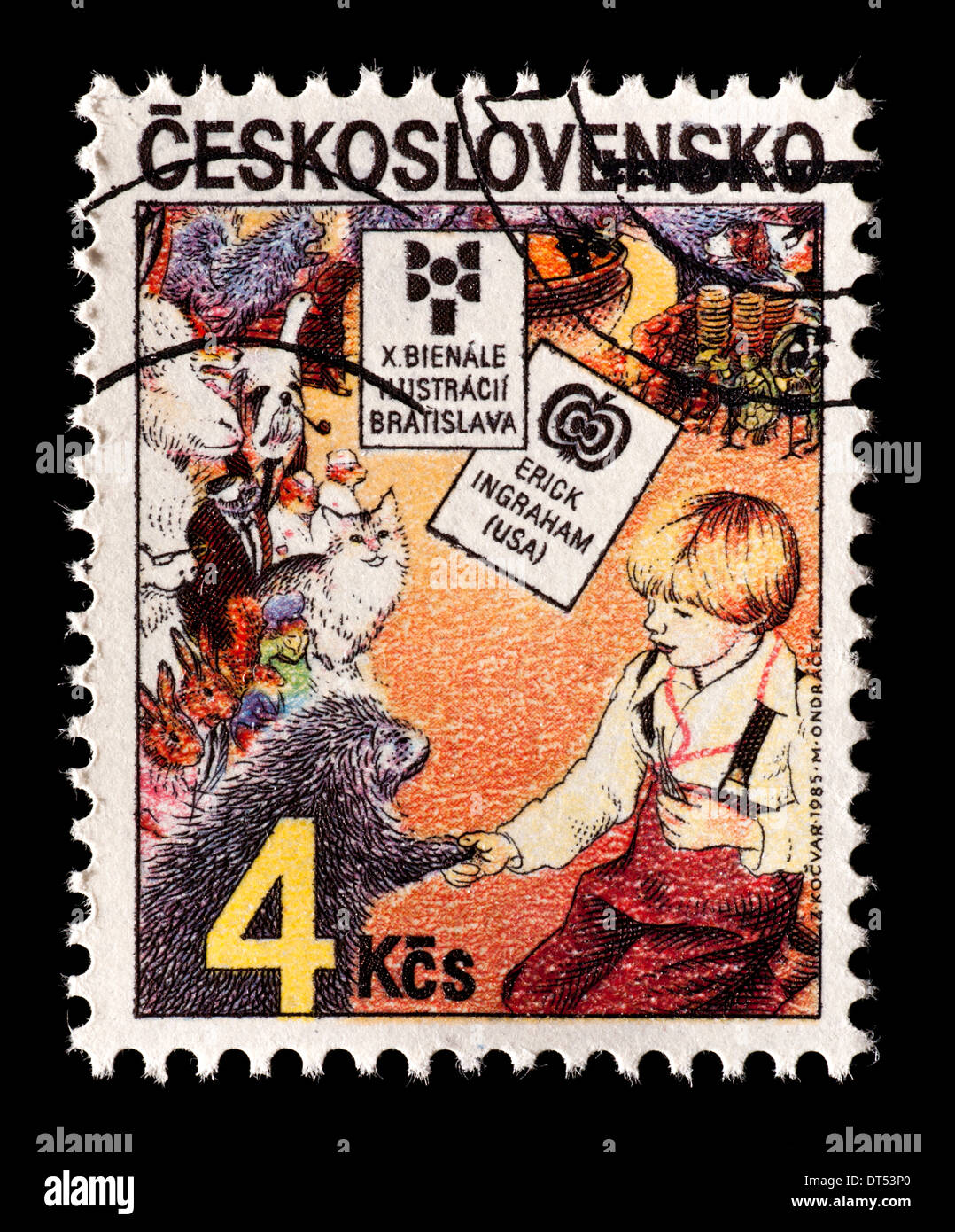 Postage stamp from Czechoslovakia depicting a boy and animals ...