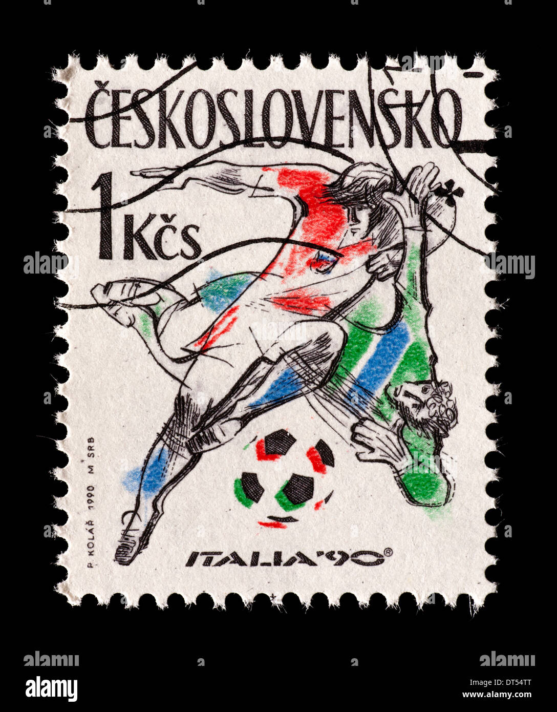 Postage stamp from Czechoslovakia depicting stylized soccer players ...
