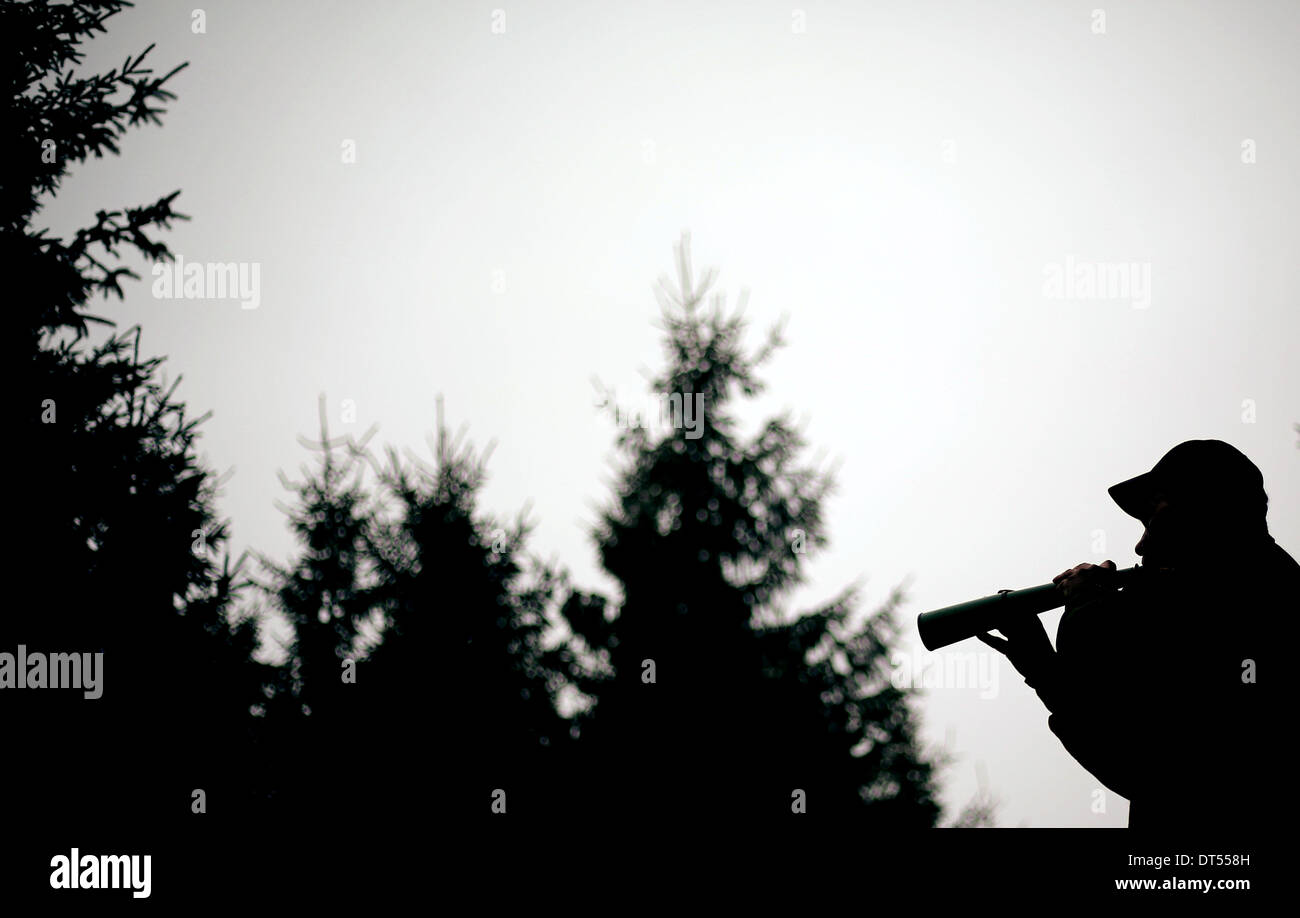 Deer caller Tasso Wolzenburg calls deer with the "stag caller" in the ...