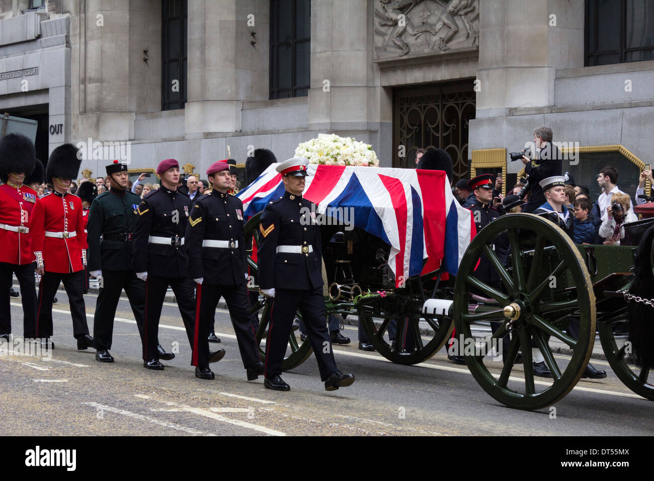 Margaret Thatcher's state funeral proceeding along Fleet Street, London ...