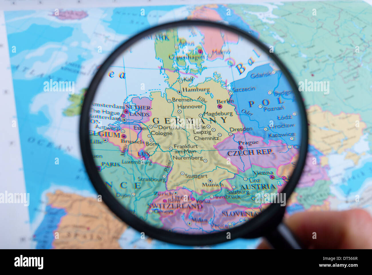 Map of Europe, magnifying glass directed on Germany Stock Photo - Alamy