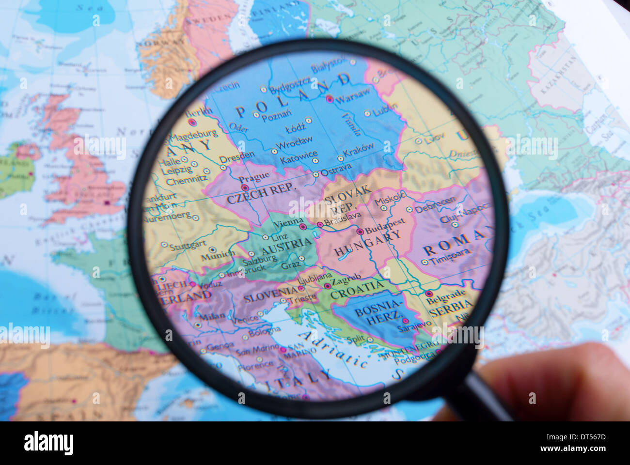 Map of Europe, magnifying glass directed on Austria Stock Photo - Alamy