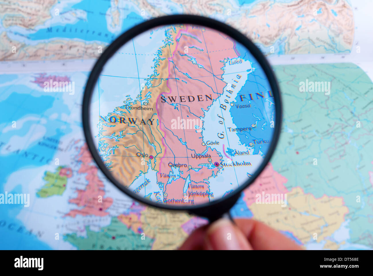 Map of Europe, magnifying glass directed on Sweden Stock Photo - Alamy