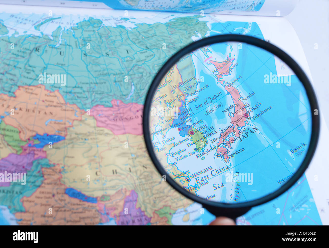 Map of Europe, magnifying glass directed on Japan Stock Photo - Alamy