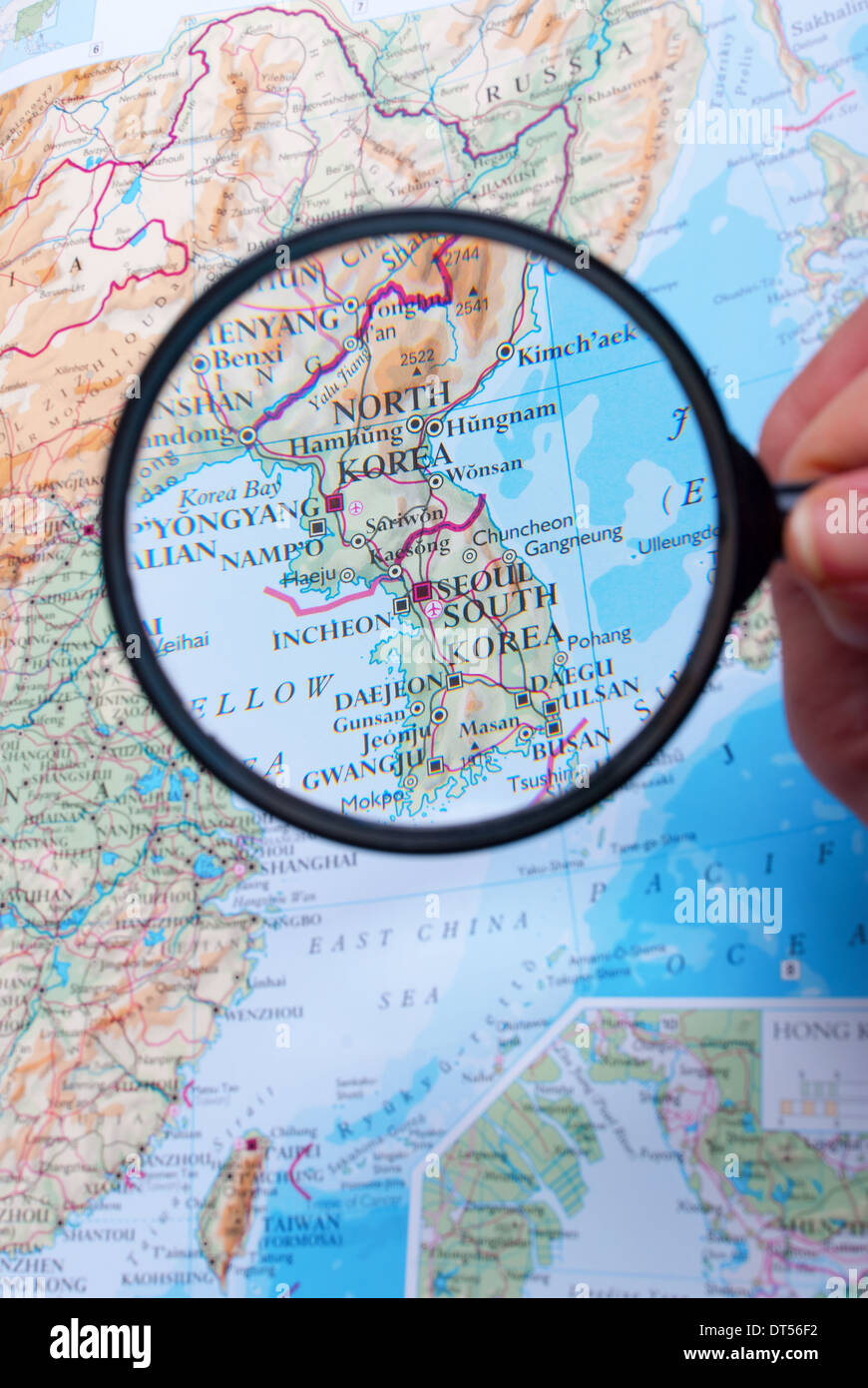 Map of Europe, magnifying glass directed on S. Korea Stock Photo - Alamy
