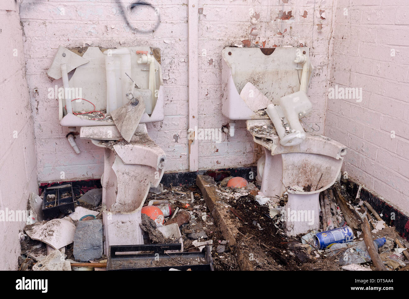 In need of restoration and repair broken WC toilets smashed up cubicle ...