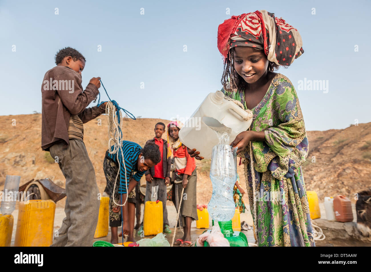Children collecting water from a well, Berhale, Ethiopia, Africa Stock ...