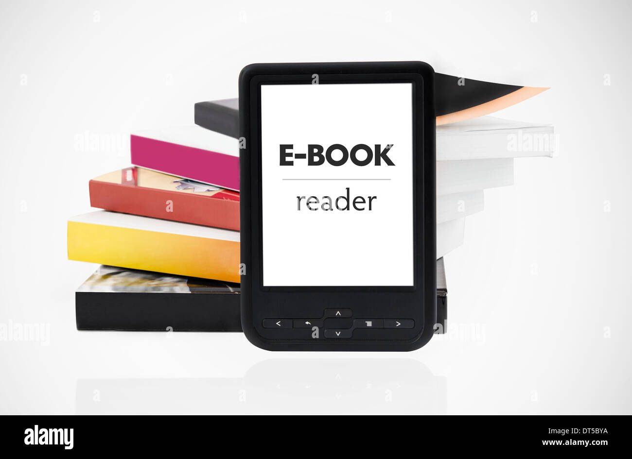 Modern e-book reader with books in background Stock Photo - Alamy