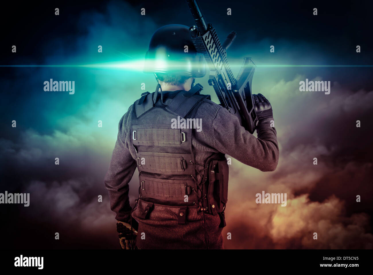 Soldier in uniform with rifle, assault sniper on apocalyptic clouds ...