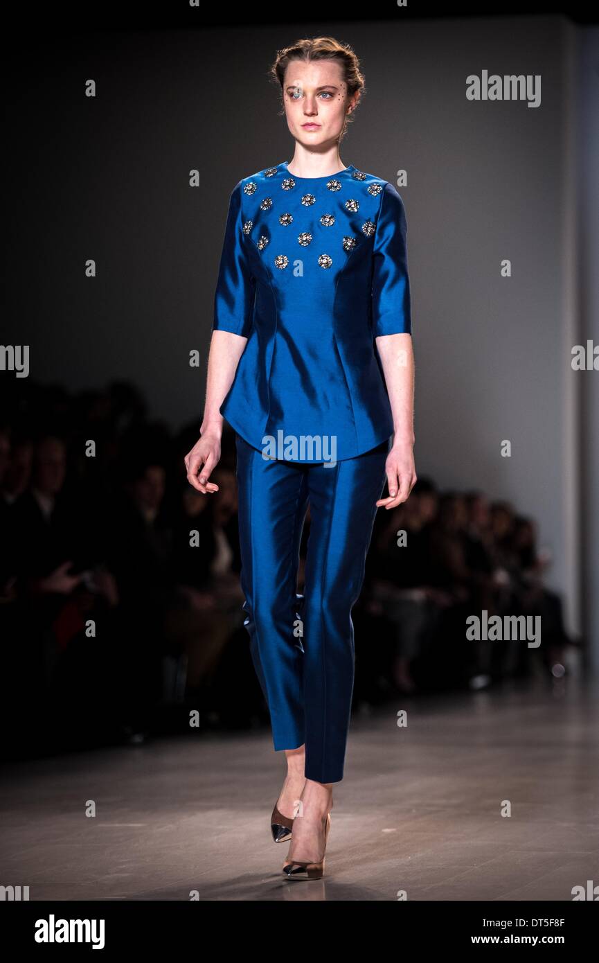 New York, USA. 9th February 2014. A model displays a creation by Lela ...