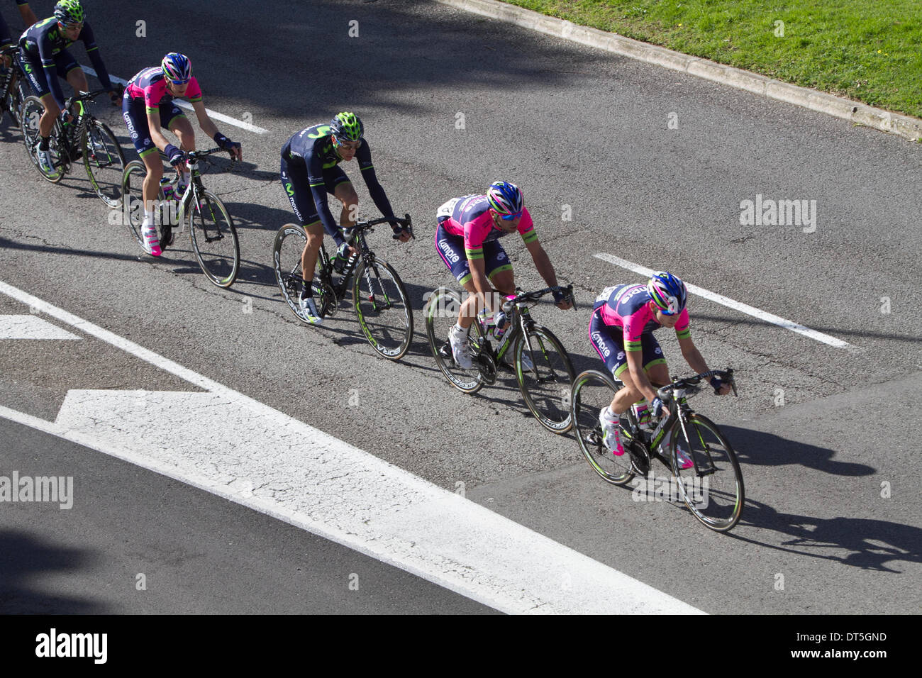 Palma de Mallorca 9th Feb, 2014 cycling race Challenge Mallorca 2014 cyclists at Paseo Marittimo ...