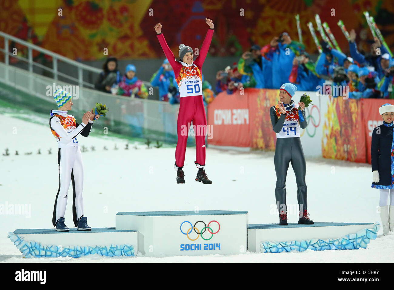 Sochi, Russia. 9th Feb, 2014. (L-R) Peter Prevc (SLO), Kamil Stoch (POL ...