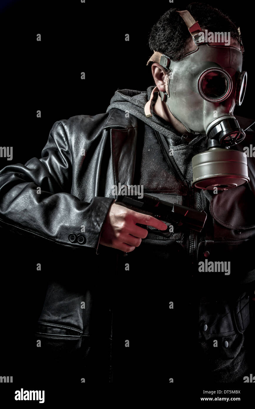 Terrorist, thief, armed man with black leather jacket, dangerous Stock ...