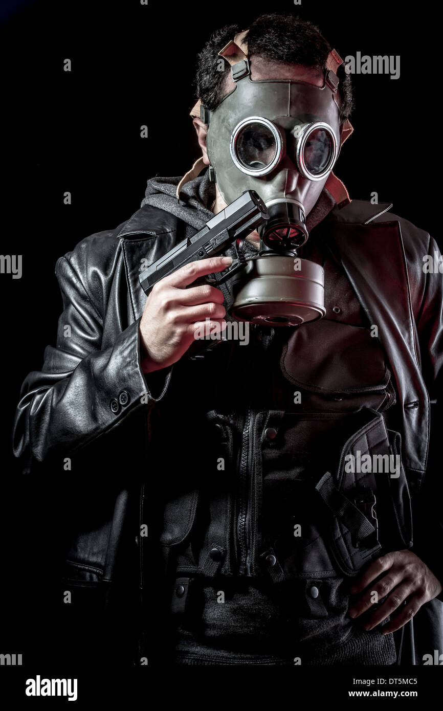 Mafia, thief, armed man with black leather jacket, dangerous Stock ...