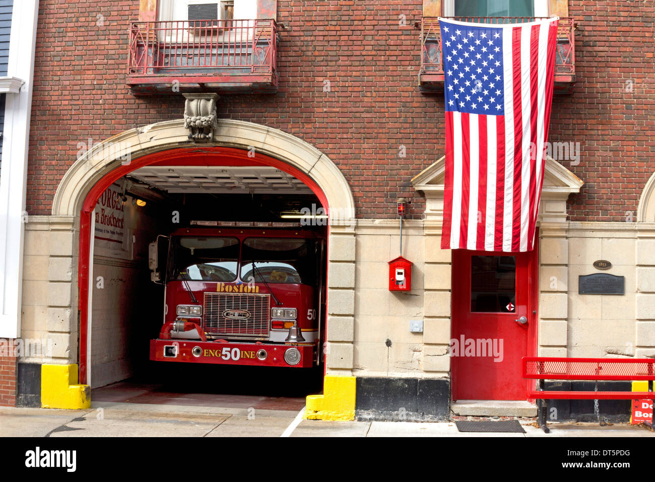 A fire engine, Engine 50, in its fire station (firehouse) , Winthrop ...