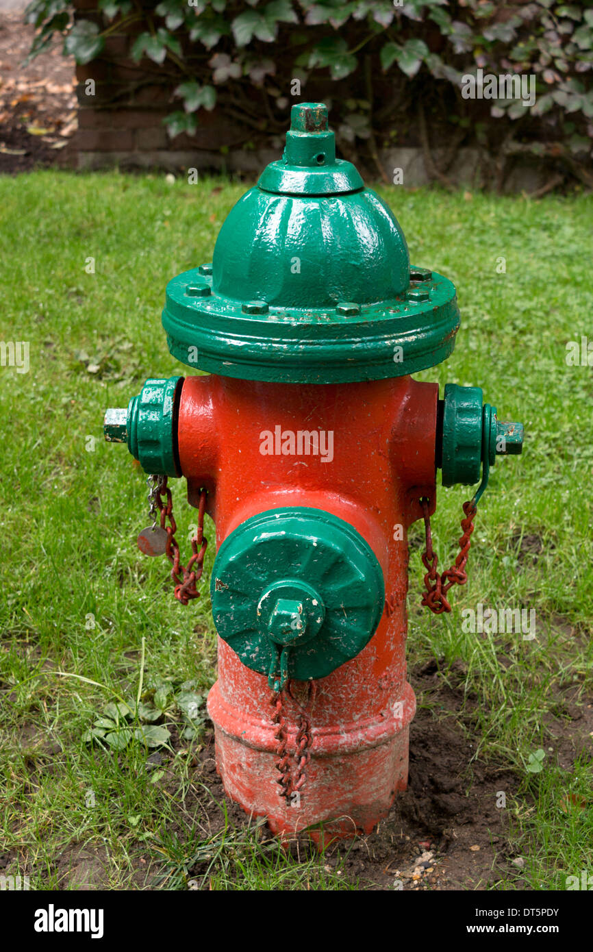 Red and green fire hydrant, on the campus of Harvard University, in ...