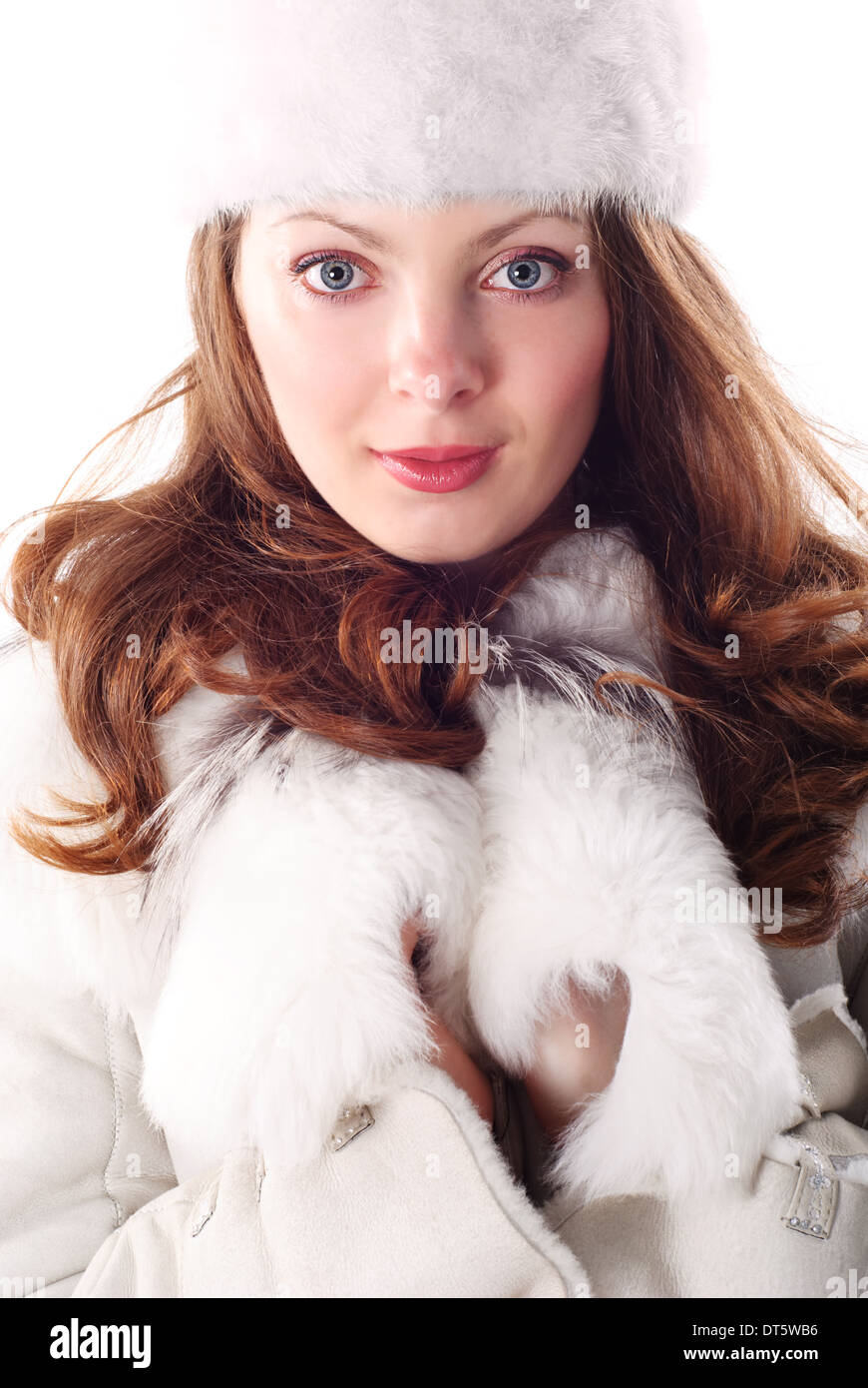 Waman in white cap and coat isolated on white background Stock Photo ...