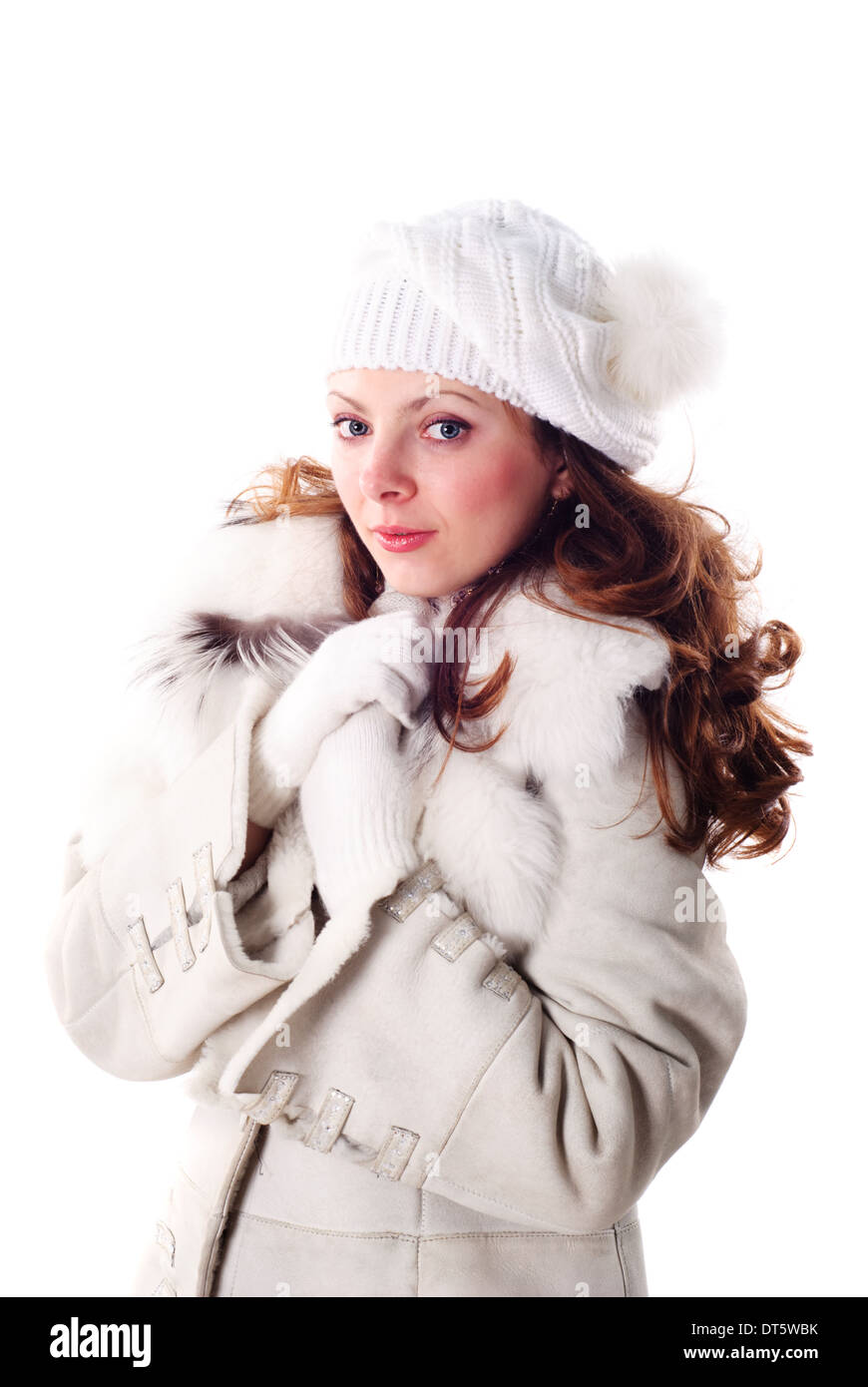 Waman in white cap and coat isolated on white background Stock Photo ...