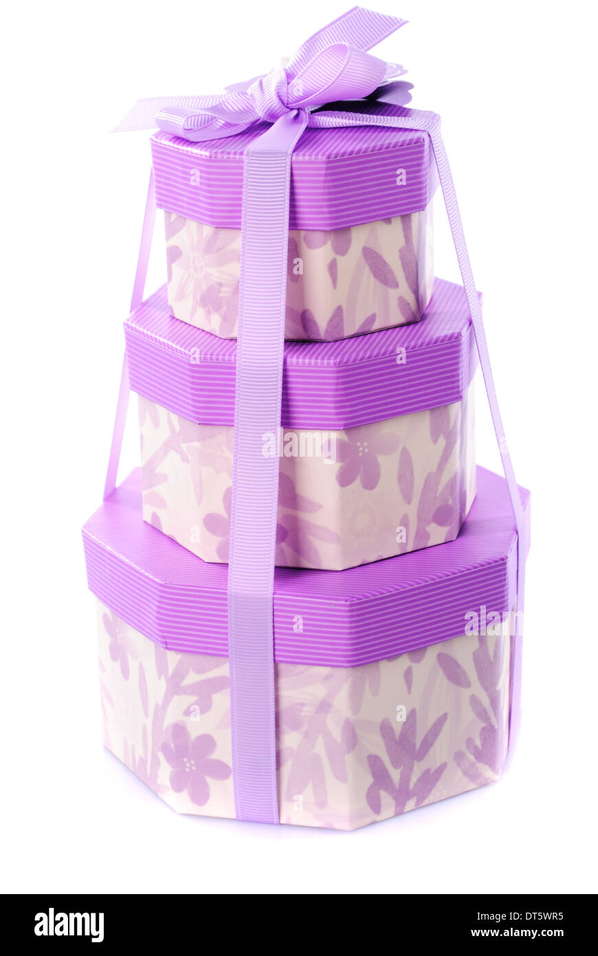 Purple three cute boxes with presents isolated on white Stock Photo - Alamy