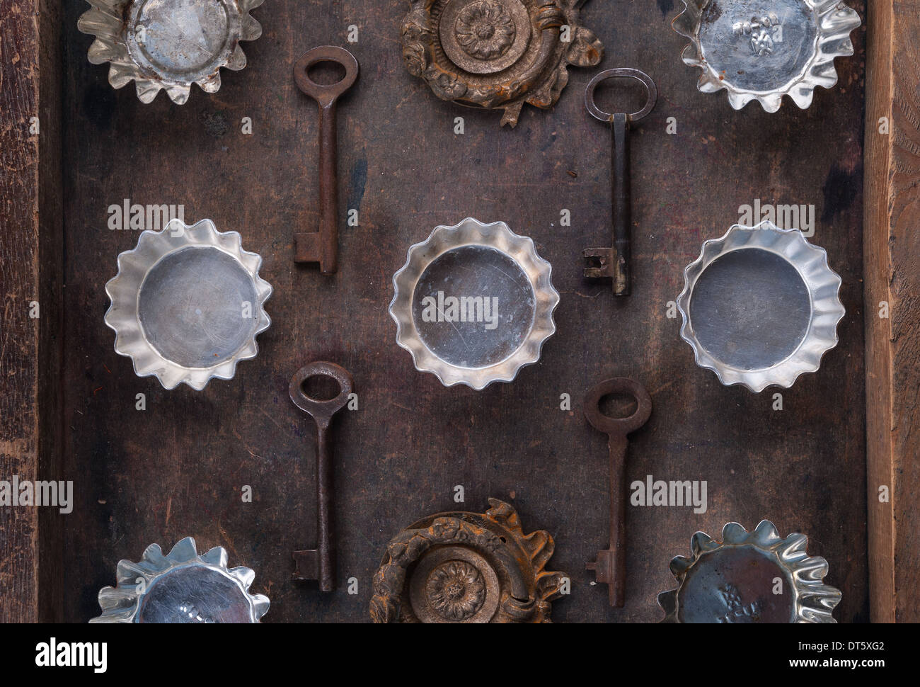 Antique forms for cookies and old keys on the wooden background Stock ...