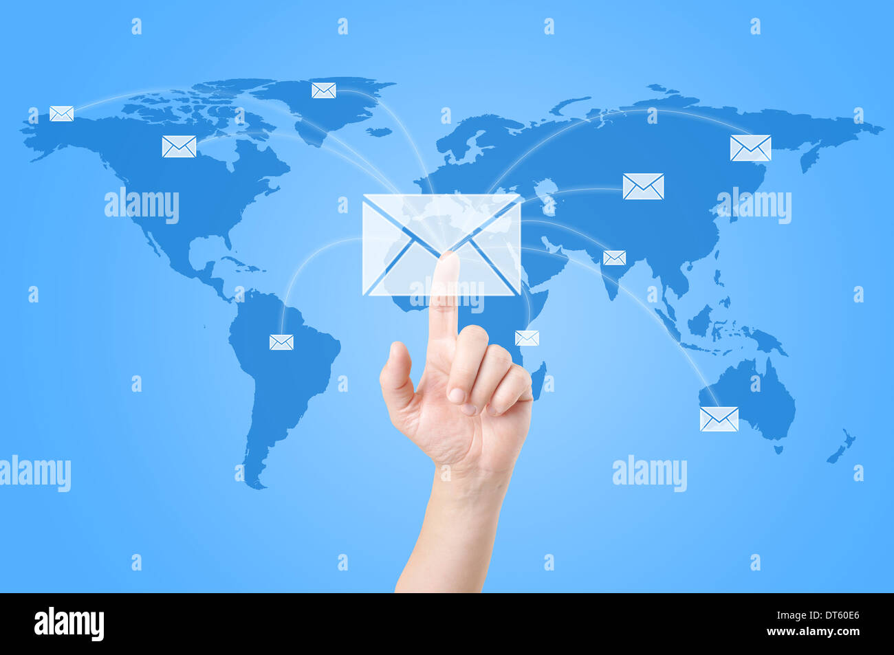 Hand with world mail delivery on world map background Stock Photo - Alamy
