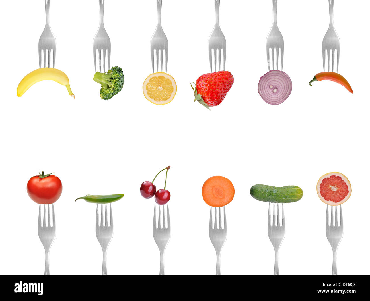 vegetables and fruits on the collection of forks, diet concept Stock ...