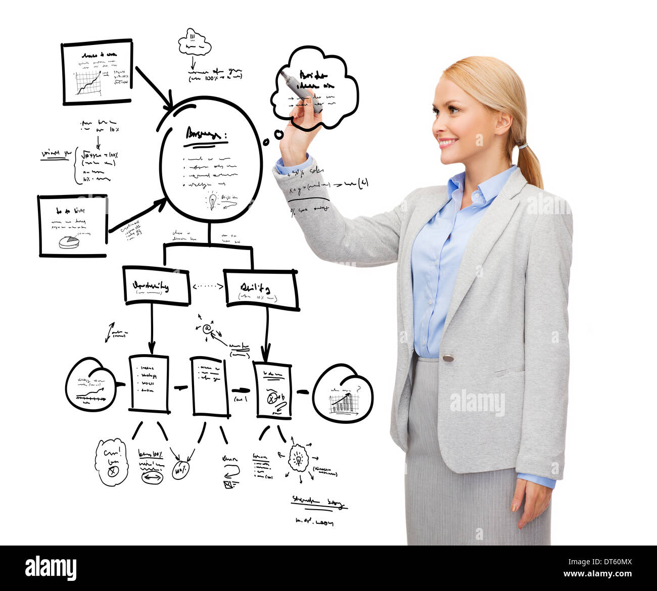 businesswoman drawing plan on glass screen Stock Photo - Alamy