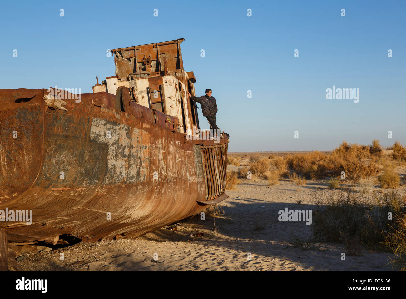 Ship graveyard near the former port of Moynaq on the Aral Sea ...