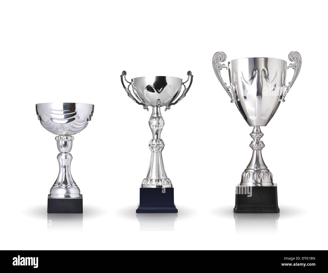 three different kind of silver trophies. Isolated on white background ...