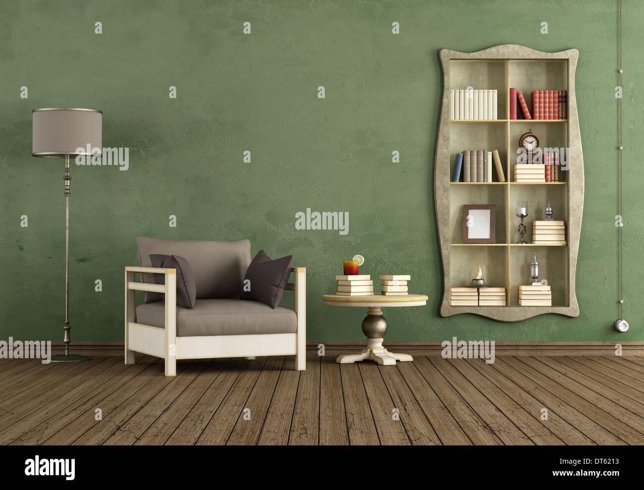 Vintage Living Room With Antique Bookcase And Armchair Rendering