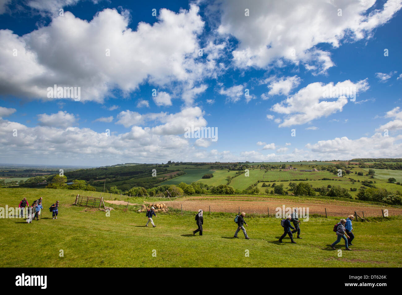 Walkers on the Winchcombe Way during the walking festival, Cotswolds ...