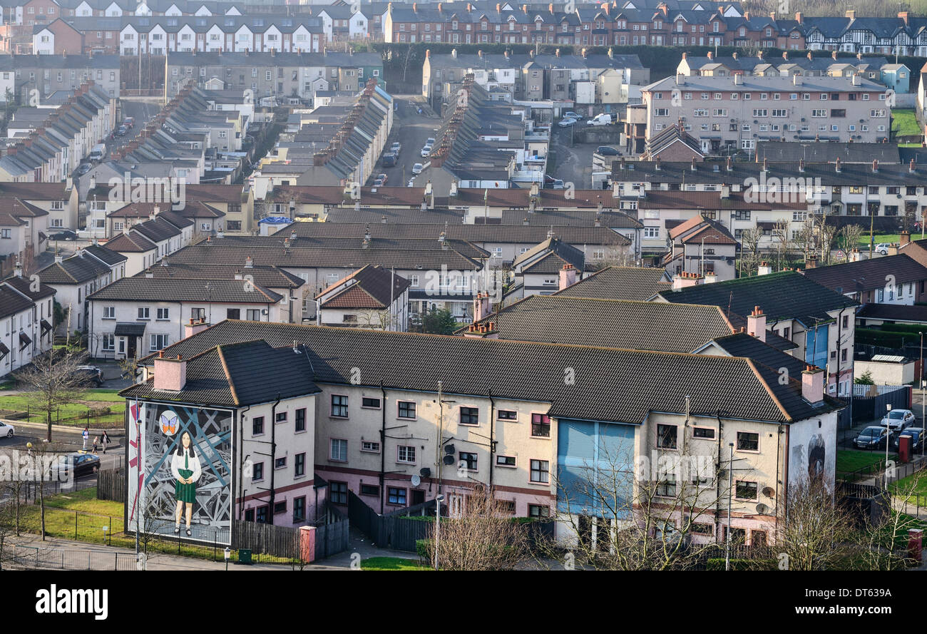 Ireland, Derry, View of the Bogside housing area with mural seen from ...