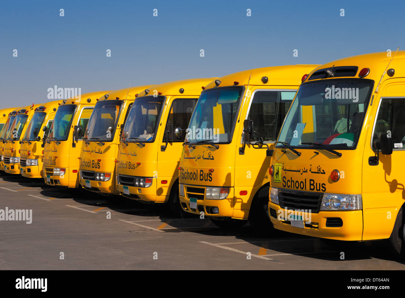 UAE, Middle East: An oblique perspective of 8 yellow Arabic school ...