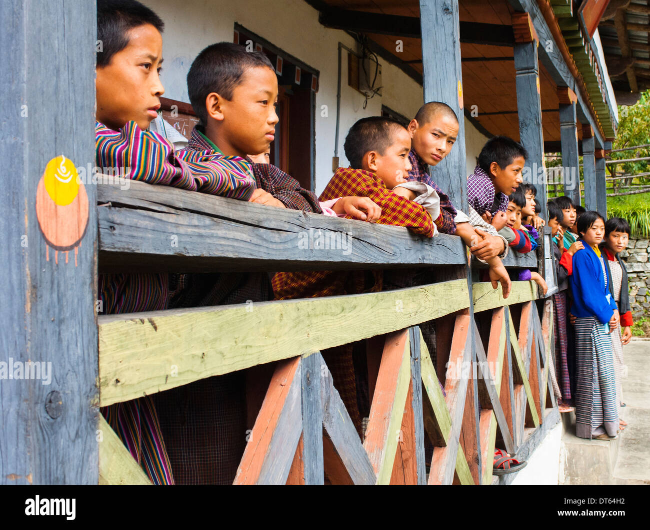Bhutan, South Asia, Mongar, Schoolchildren standing outside class Stock ...