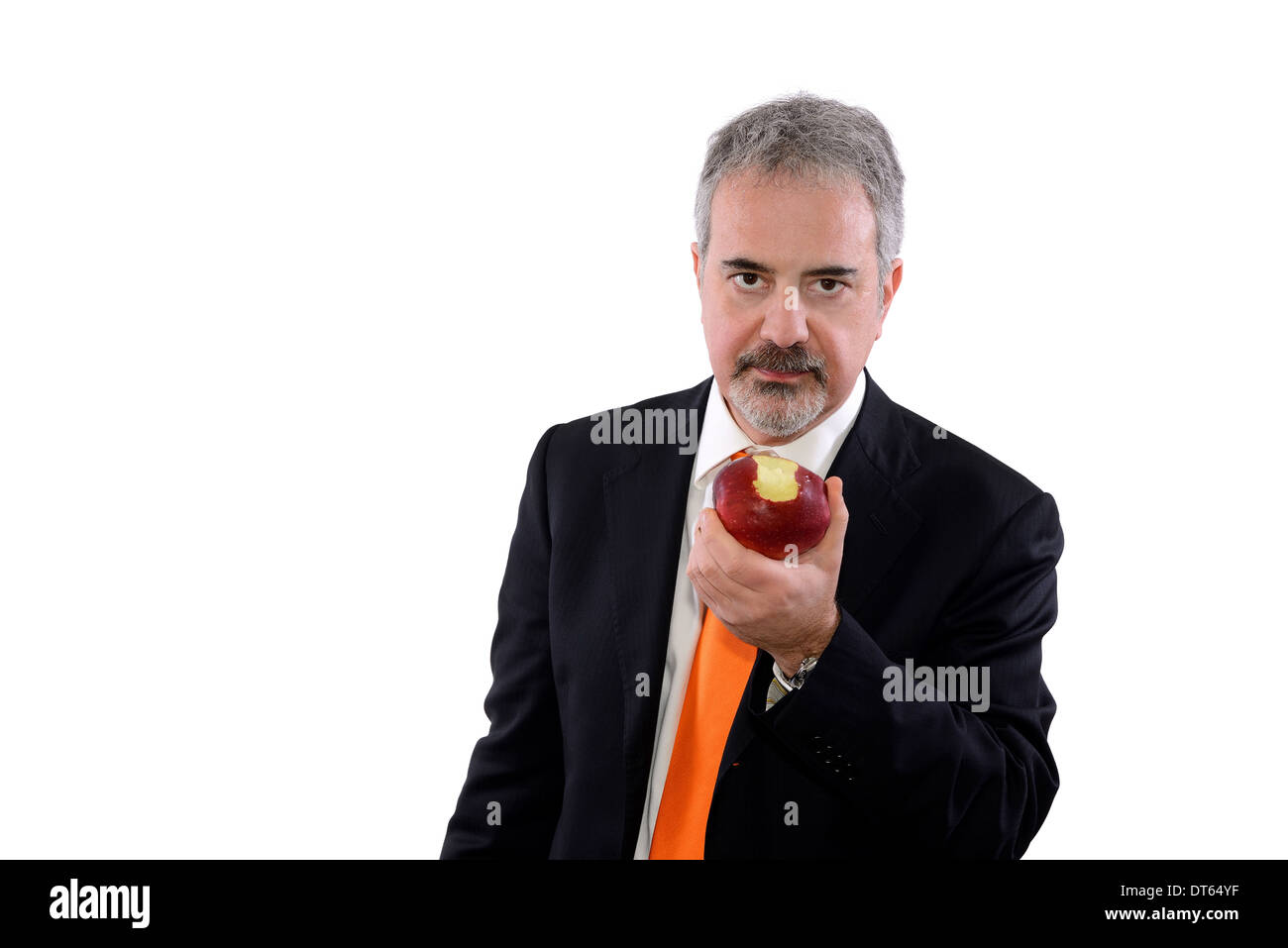 man biting an apple on a white background Stock Photo - Alamy