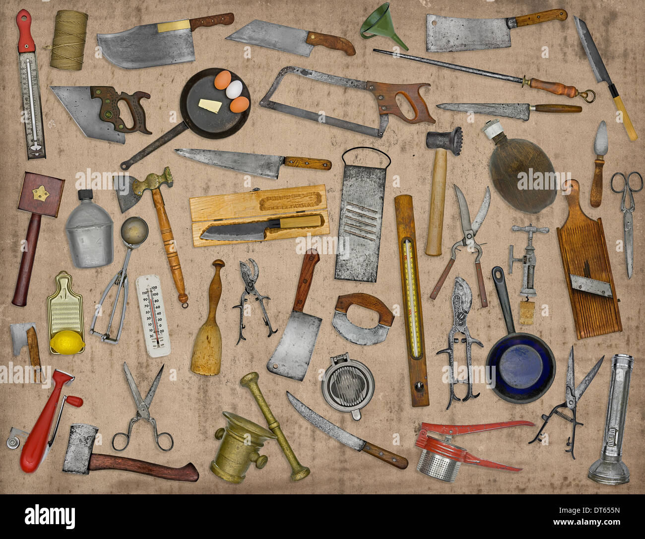 vintage kitchen utensils collage over old paper Stock Photo - Alamy