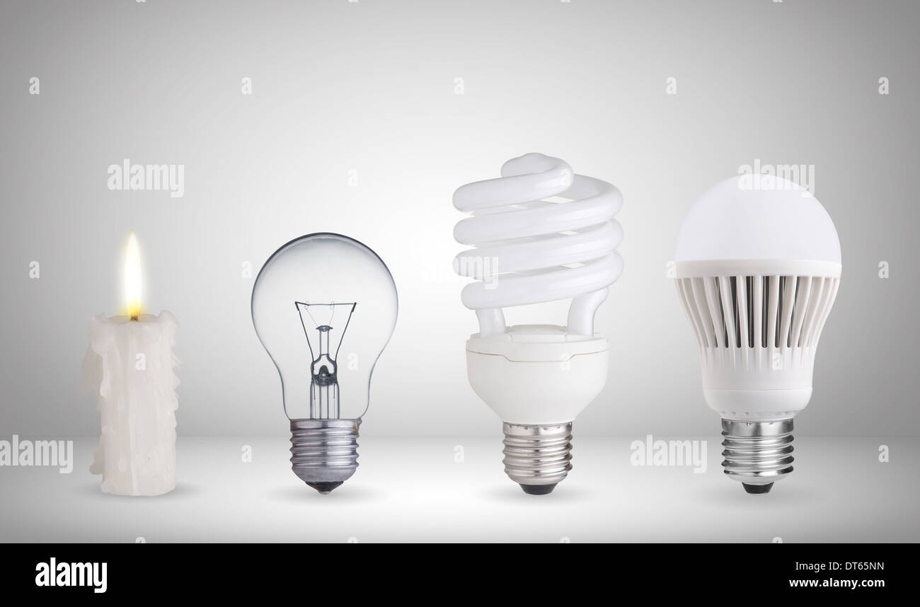 Candle, tungsten bulb,fluorescent bulb and LED bulb Stock Photo - Alamy
