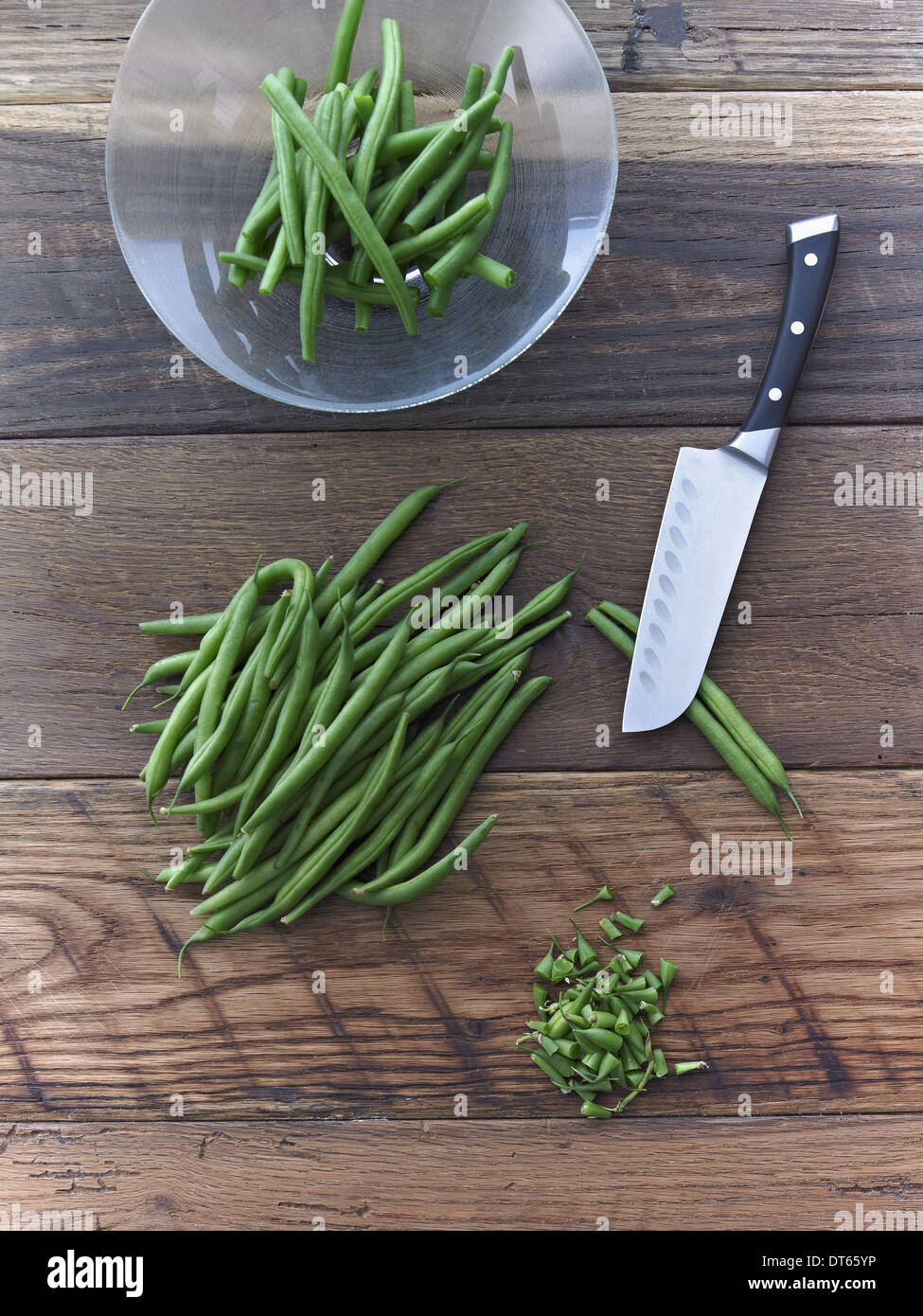 Organic Green Beans Being Prepared for Cooking on Reclaimed Lumber ...